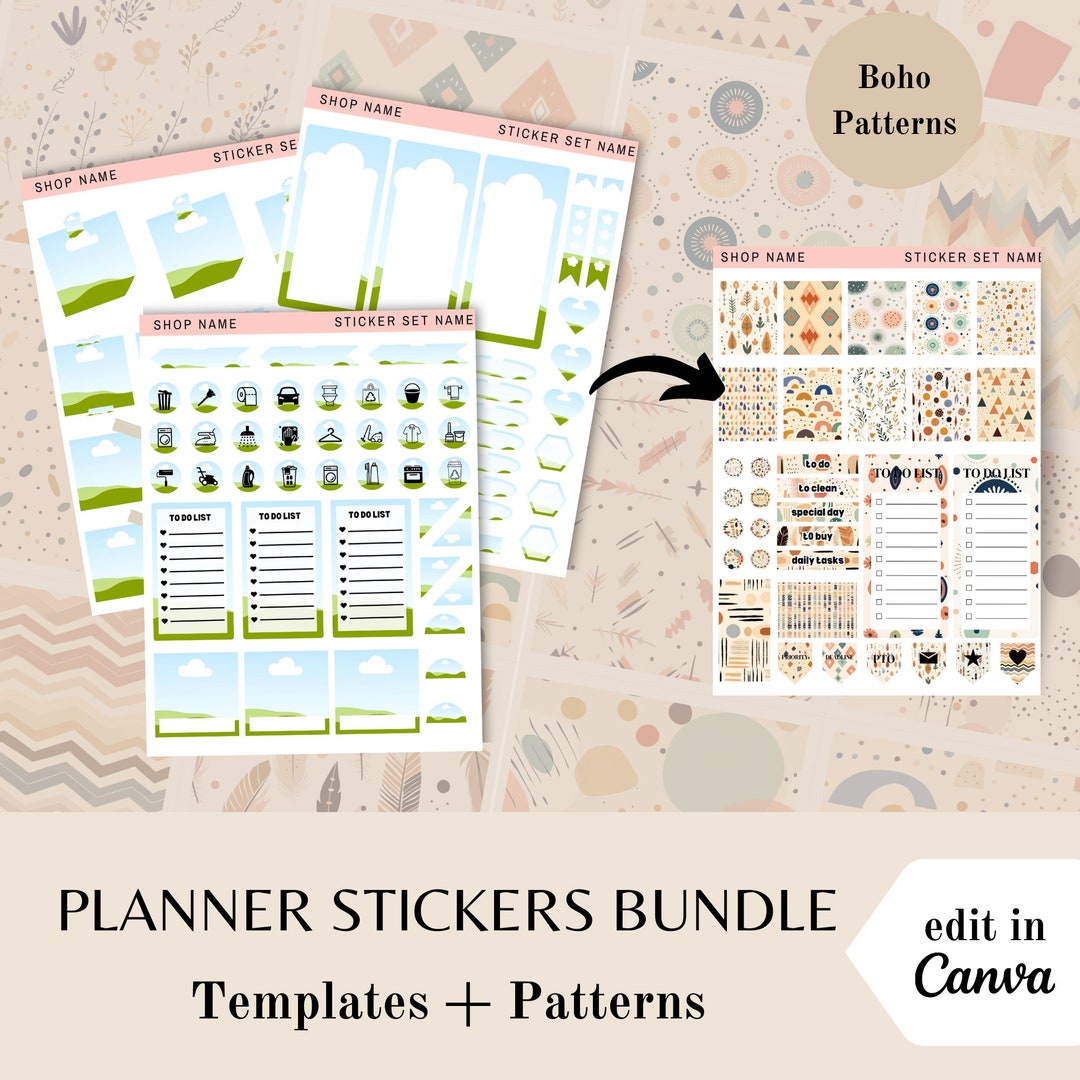 Planner Sticker Bundle, Canva Template Frames, Boho Pattern Backgrounds ...