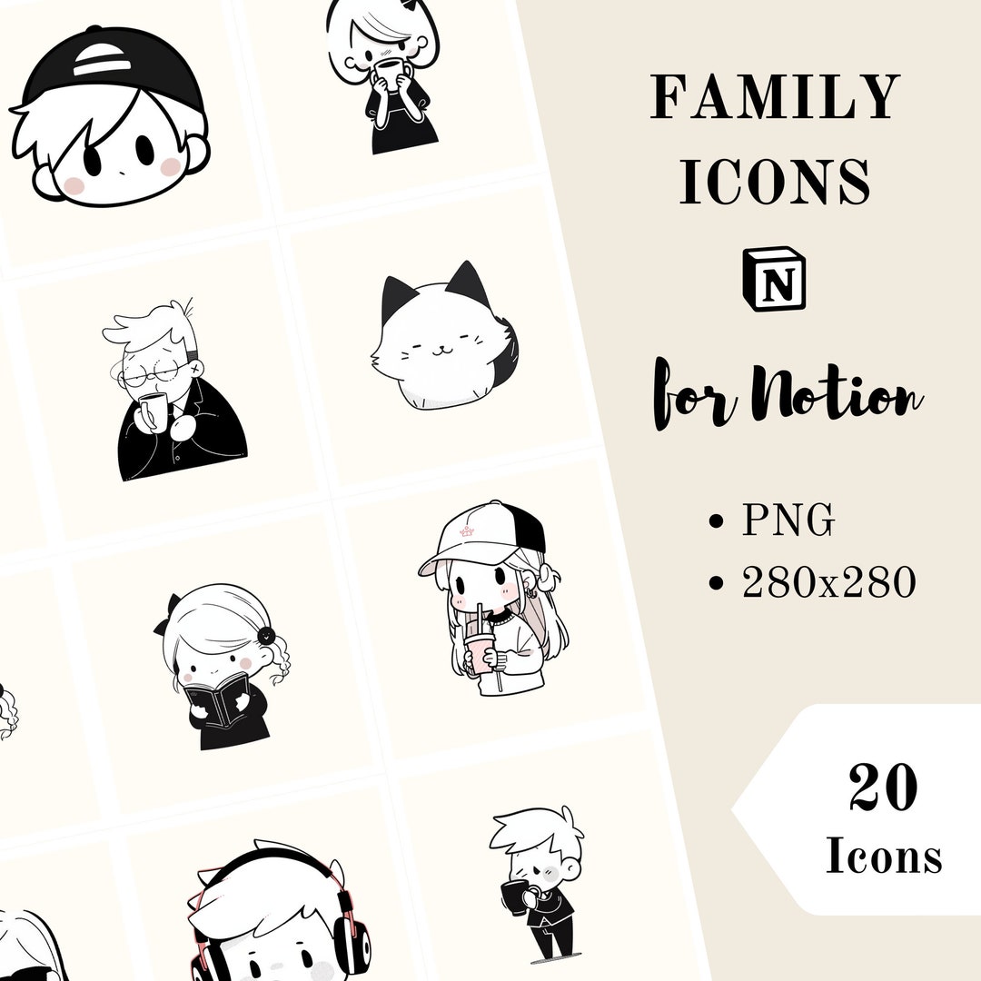 Notion Icons, Cartoon Doodle PNG Images, Family Portrait Clipart, Black ...