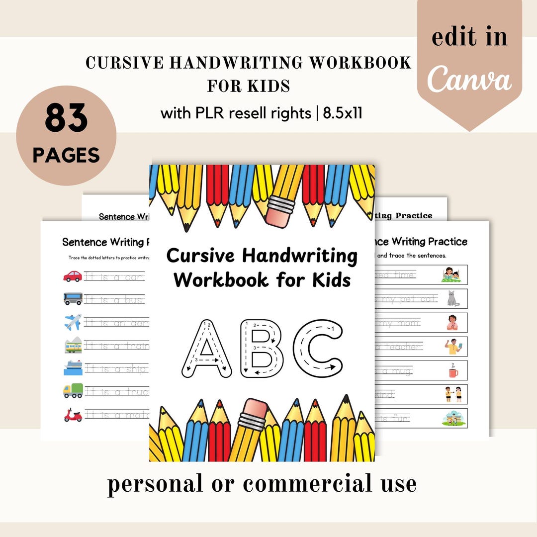 PLR Kids Cursive Handwriting Workbook, Canva Template, Education PLR ...
