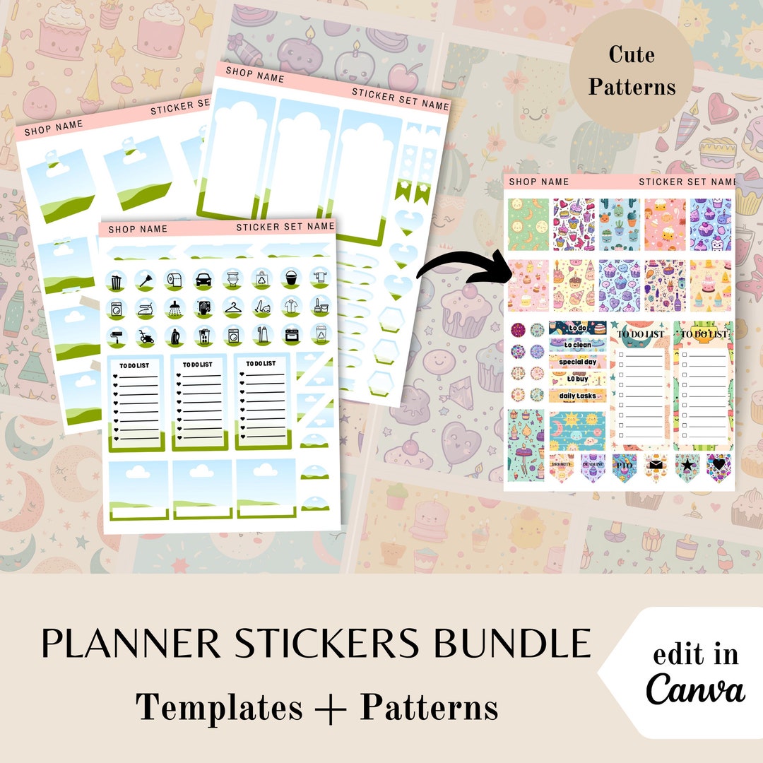 Planner Sticker Bundle, Canva Template Frames, Kawaii Birthday Pattern ...