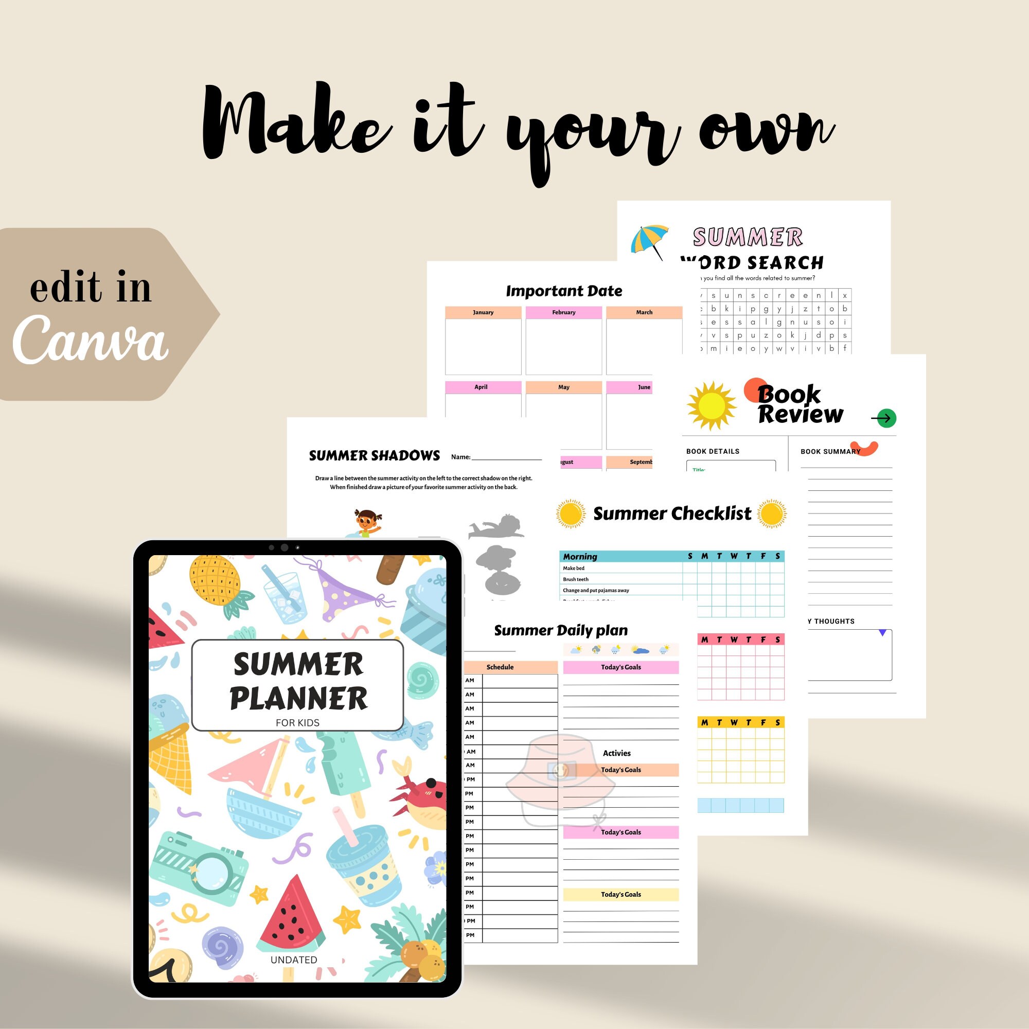 PLR Undated Summer Planner for Kids, Canva Template, Family Planner ...