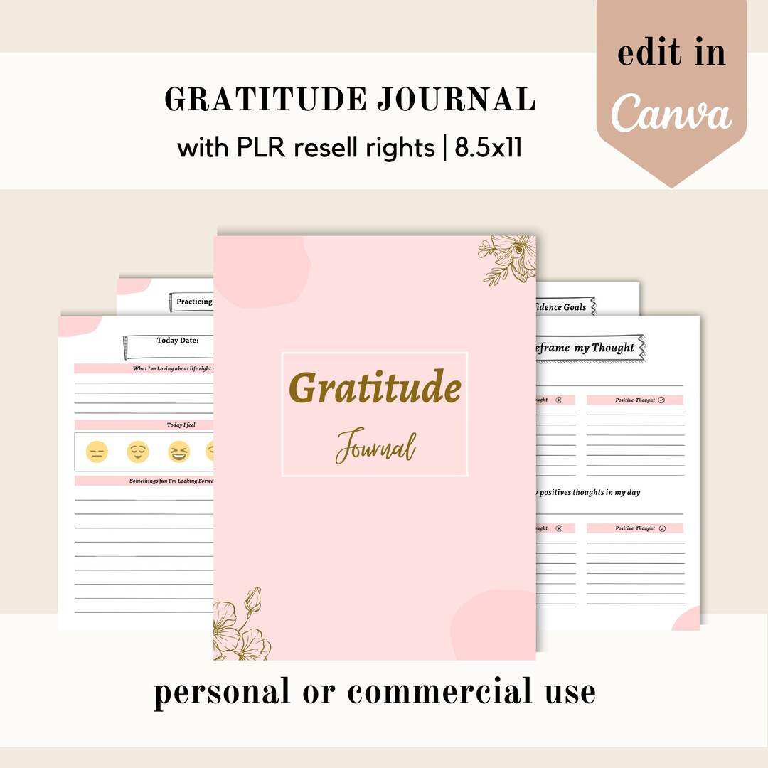 PLR Gratitude Journal Canva Template: Mental Health Planner (commercial ...