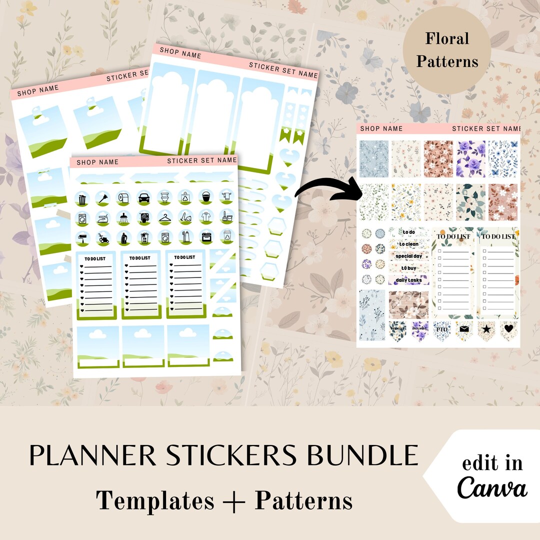 Floral Planner Sticker Bundle, Canva Template Frames, Flowers Pattern ...