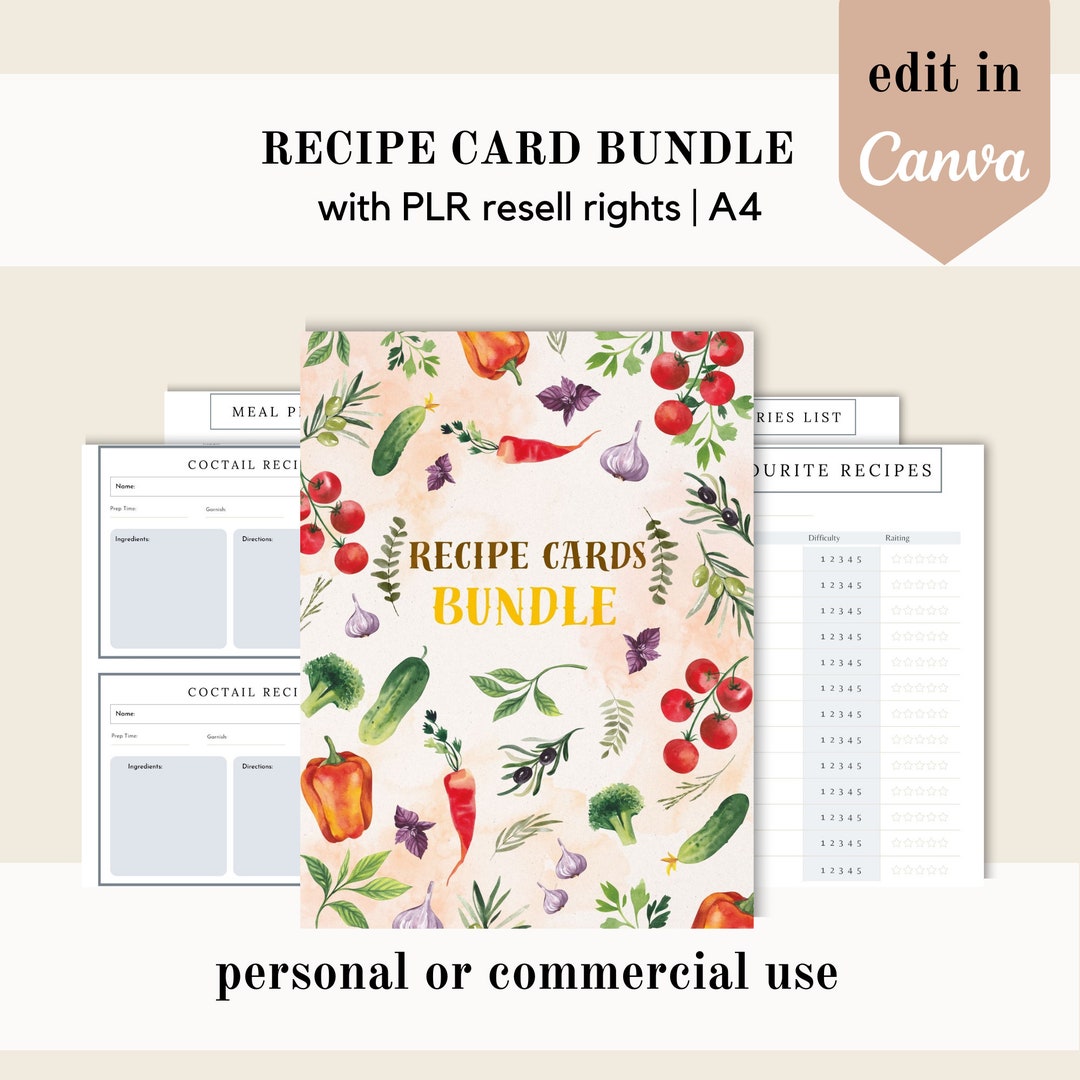 PLR Recipe Card Bundle: Editable Canva Template, Food Planner ...