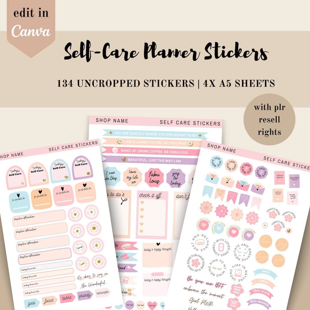 PLR Self Care Planner Stickers, Editable Canva Template, Mental Health ...
