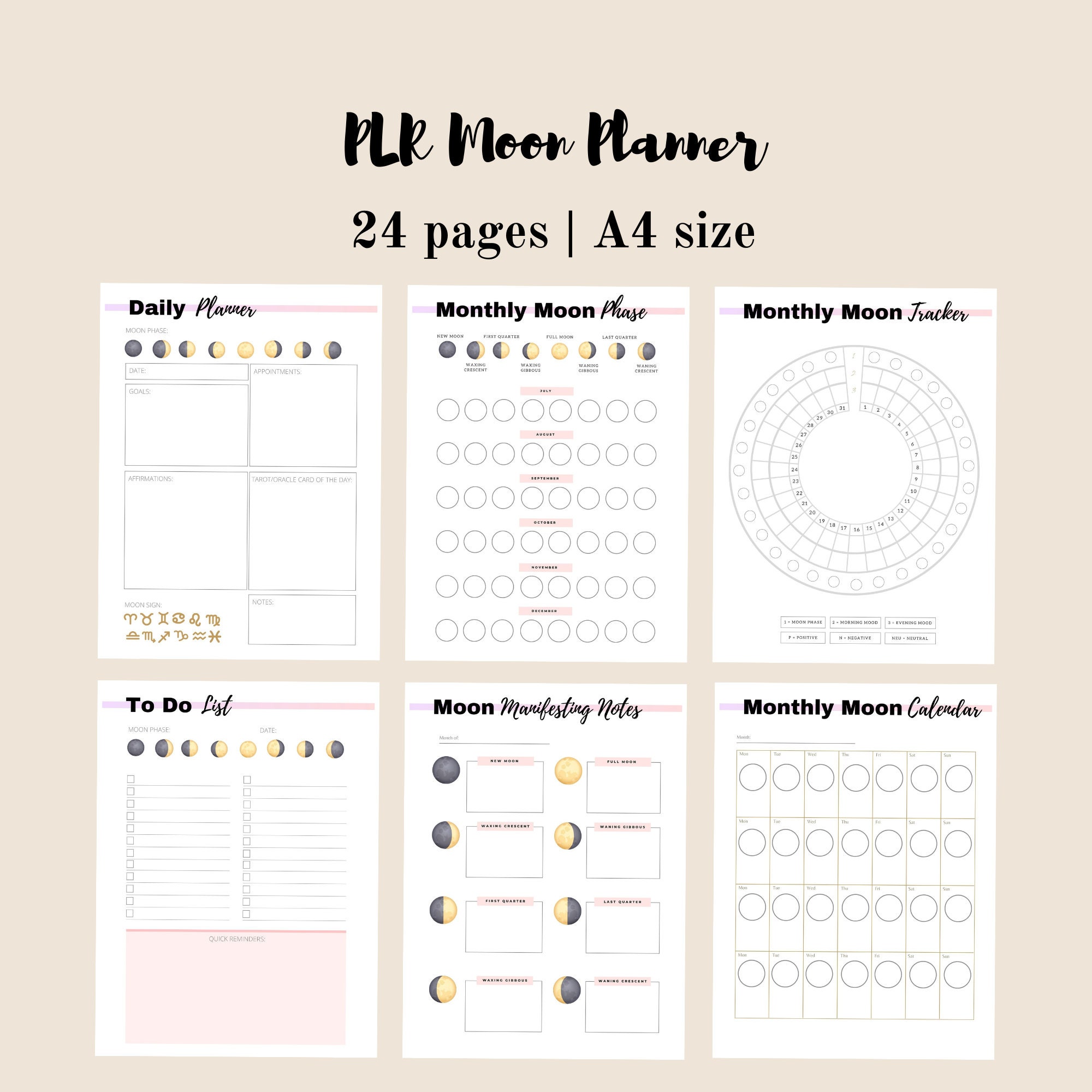 PLR Moon Planner, Moon Phases Canva Template, PLR Editable Canva ...