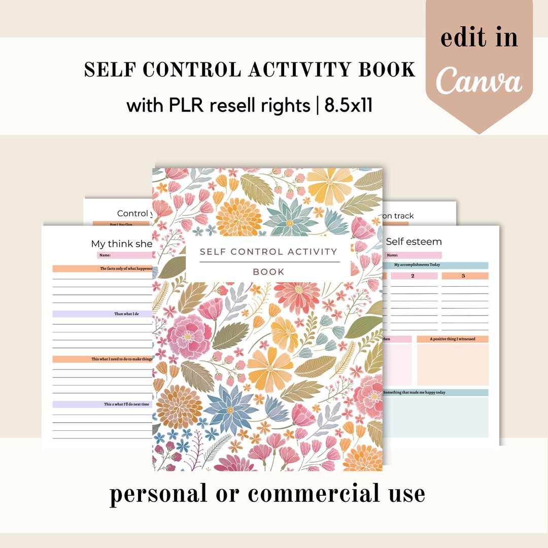 PLR Self Control Activity Book, Canva Template, Self Esteem PLR Planner, Editable Canva Template ...