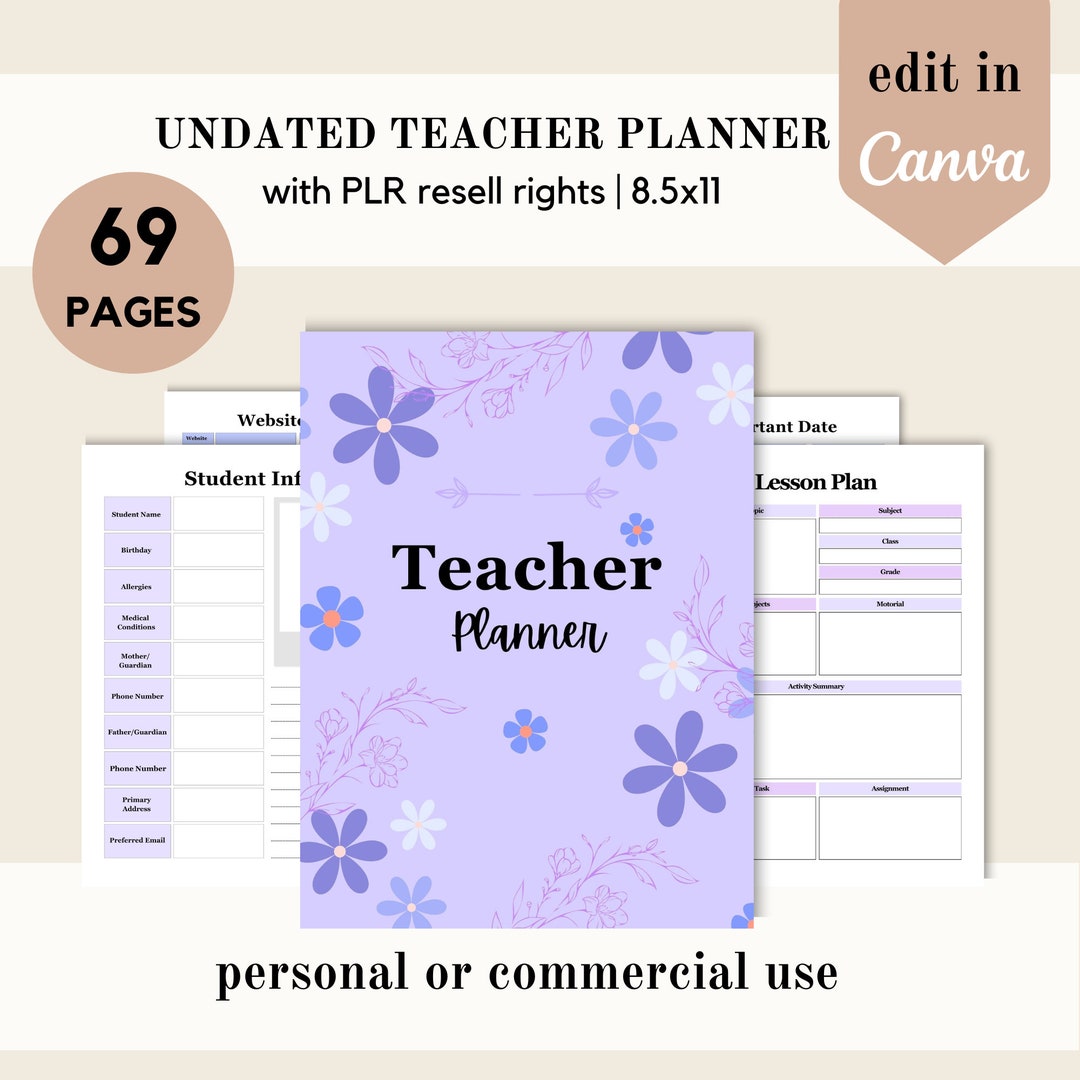 PLR Undated Teacher Planner, Canva Template, Education PLR, Lessons ...