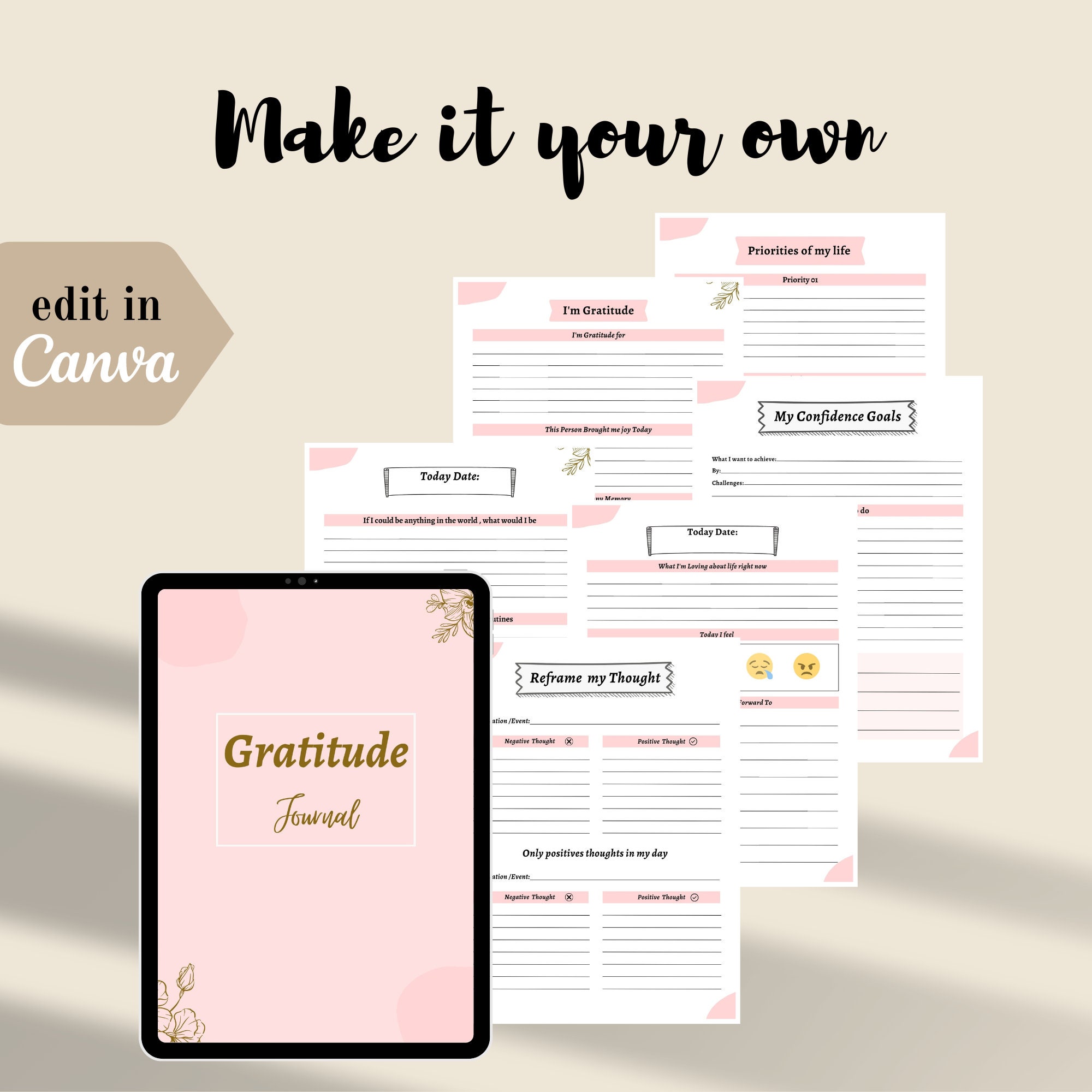 PLR Gratitude Journal Canva Template: Mental Health Planner (commercial ...