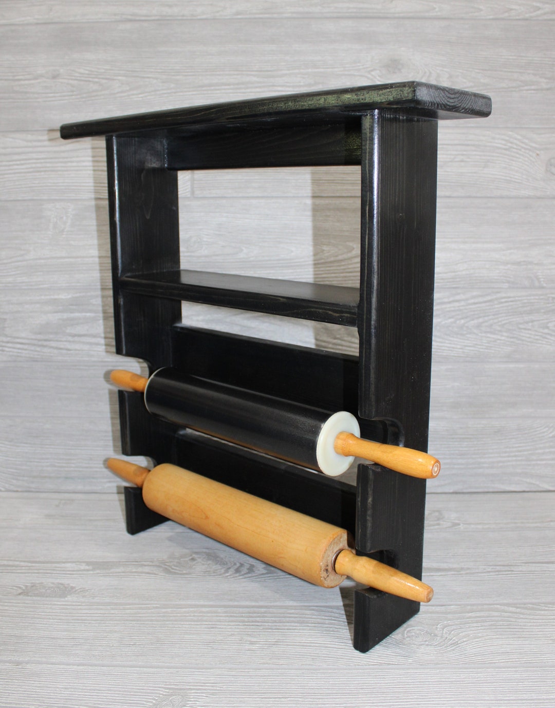 Black Rolling Pin Rack With Double Shelves - Multiple Rolling Pin Rack ...