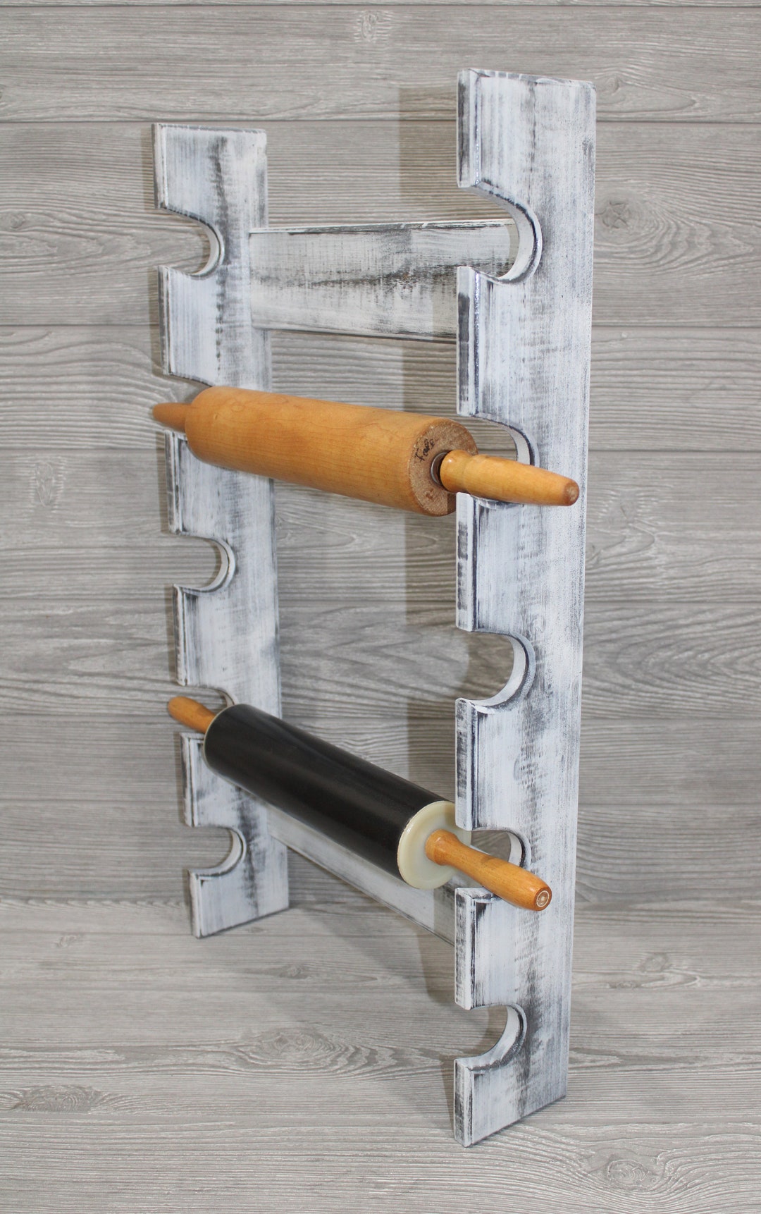 Antique White Rolling Pin Rack With Five Slots – White Rolling Pin Rack ...