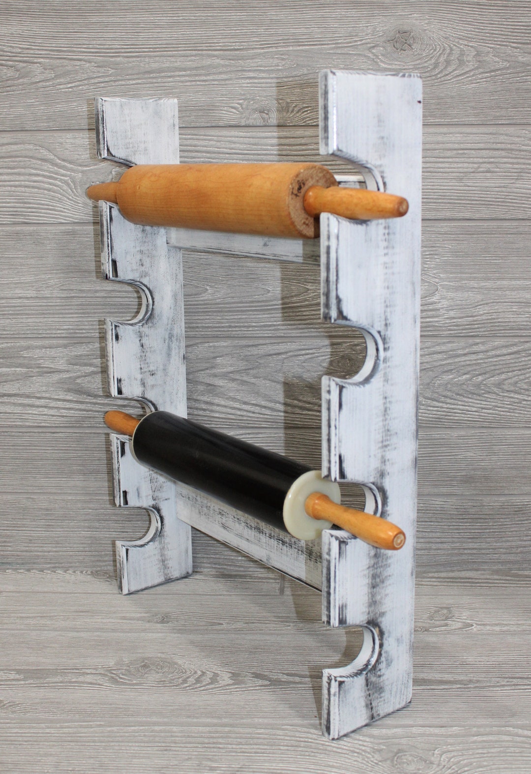 Antique White Rolling Pin Rack With Four Slots – White Rolling Pin Rack ...