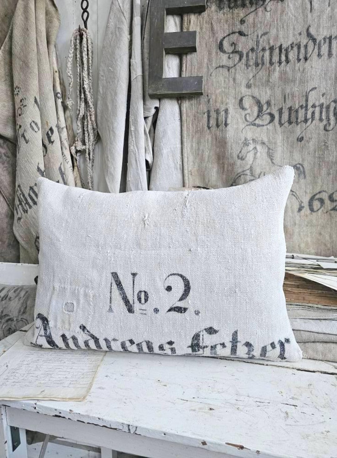 No. 2 ANDREAS Linen Pillow Grain Sack Pillow 32108 M Farmhouse Pillow ...