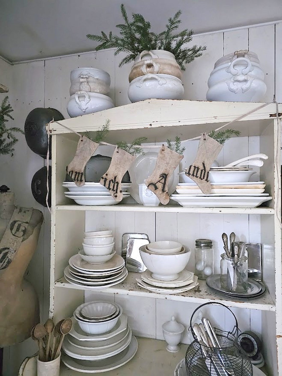 Antique Linen Christmas Boot GARLAND A...... 28154ML Farmhouse ...