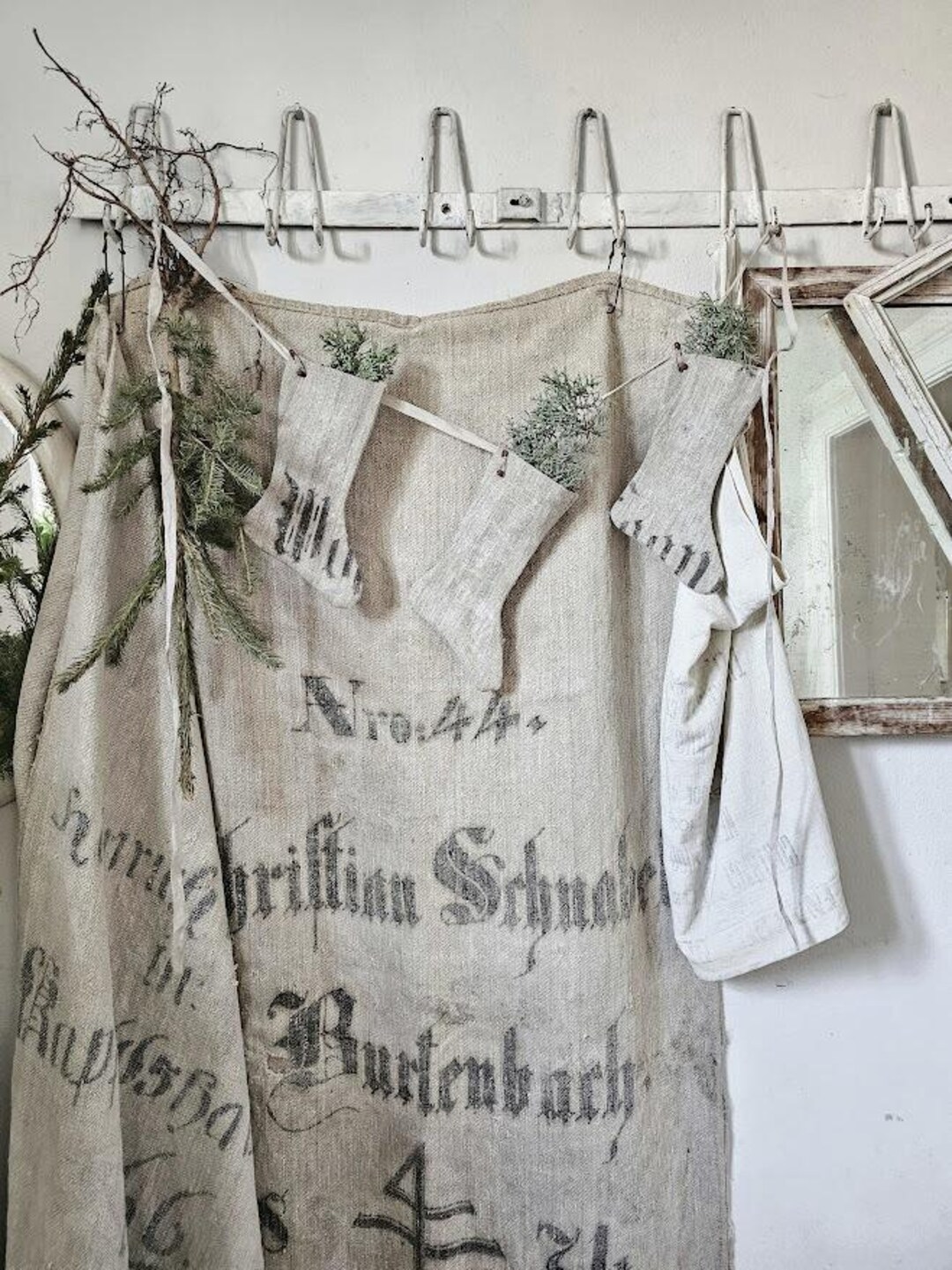 3-piece Christmas Boot GARLAND W...... Made of Antique Linen 28234ML ...