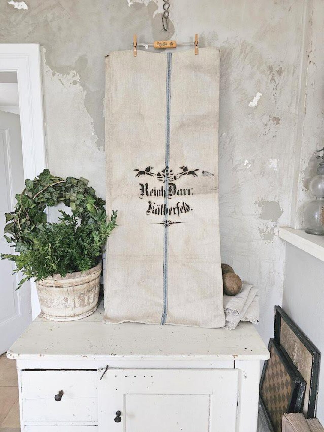 HORSES and Antique Linen Sack Flour Sack Grain Sack Blue Stripes 30485 ...