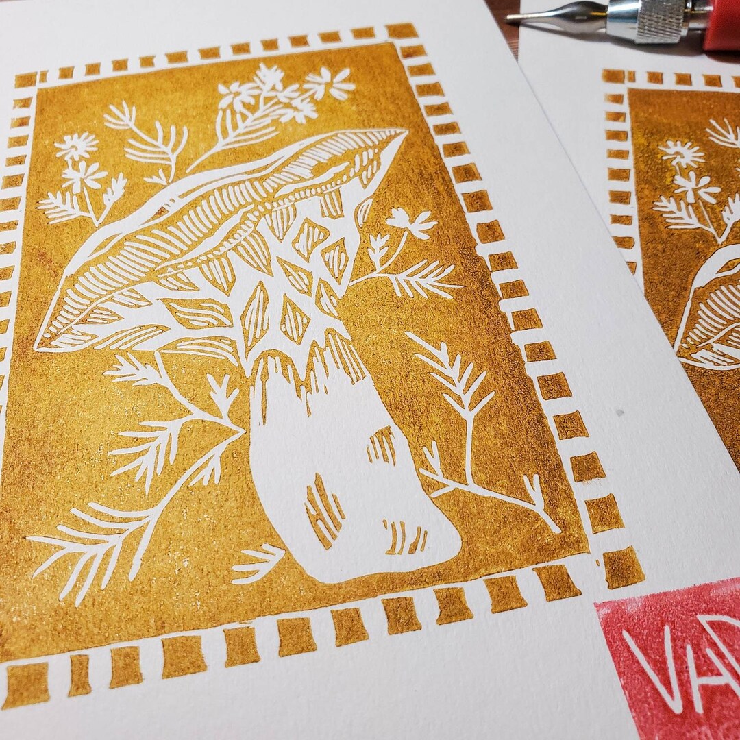 Golden Lattice Mushroom Linocut 5.5x8.5 Inch - Etsy