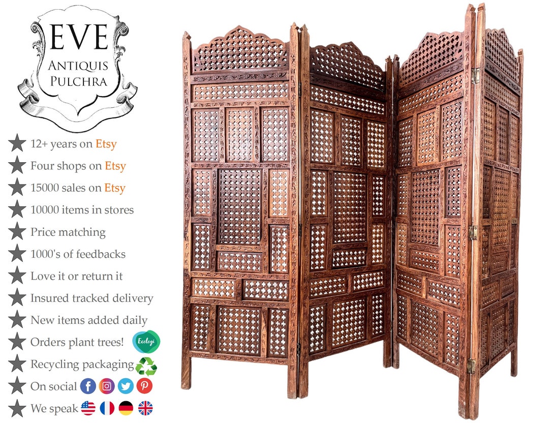 Vintage Indian Paravan Heavy Wood Wooden Four Panel Screen - Etsy