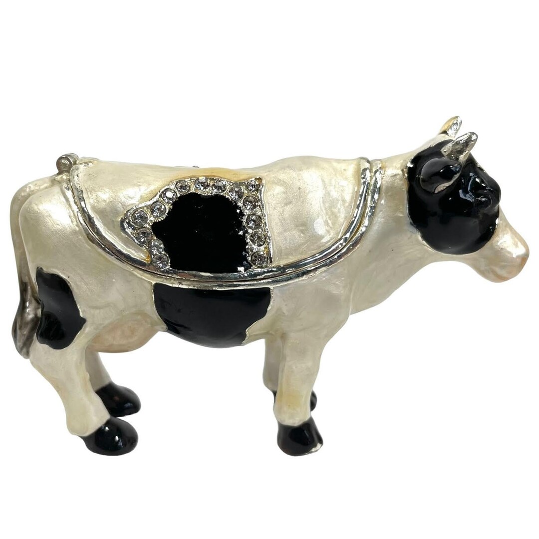 Vintage Decorated Dairy Cow Enamelled Metal Rhinestone Decorated Gift ...