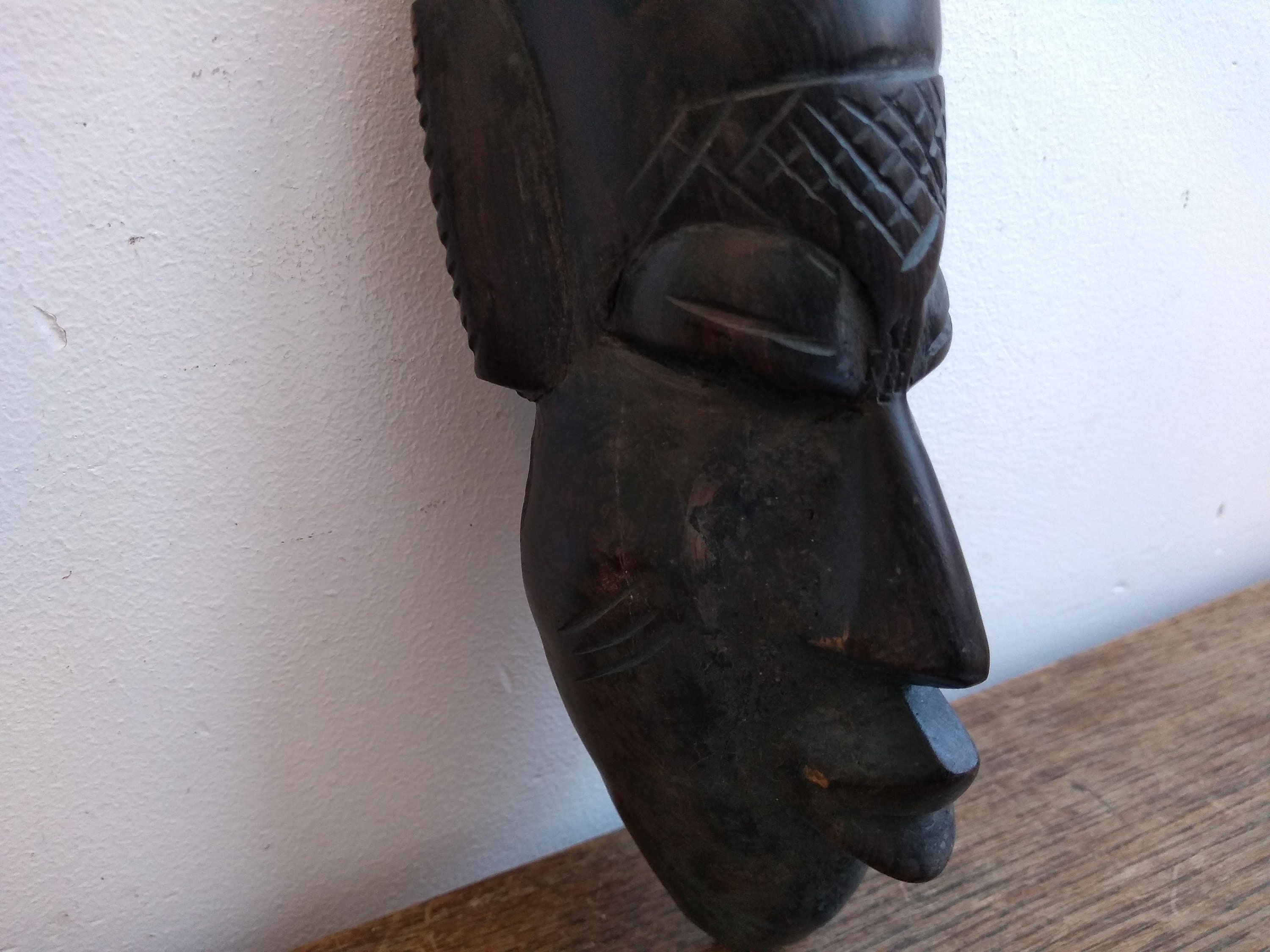 Vintage African Tribal Art Horned Mask Bust Wooden Wood Statue Figurine ...