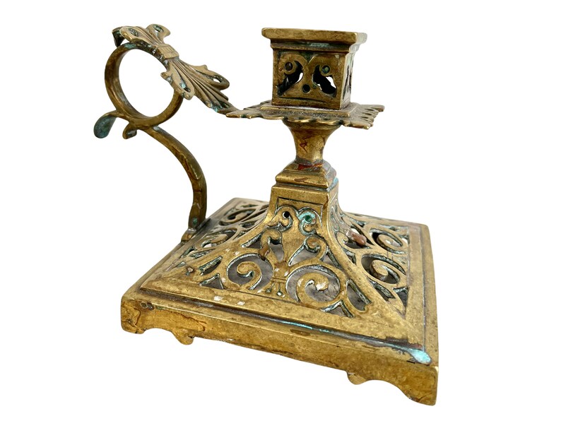 Antique French Brass Lattice Handled Portable Candle Candlestick ...