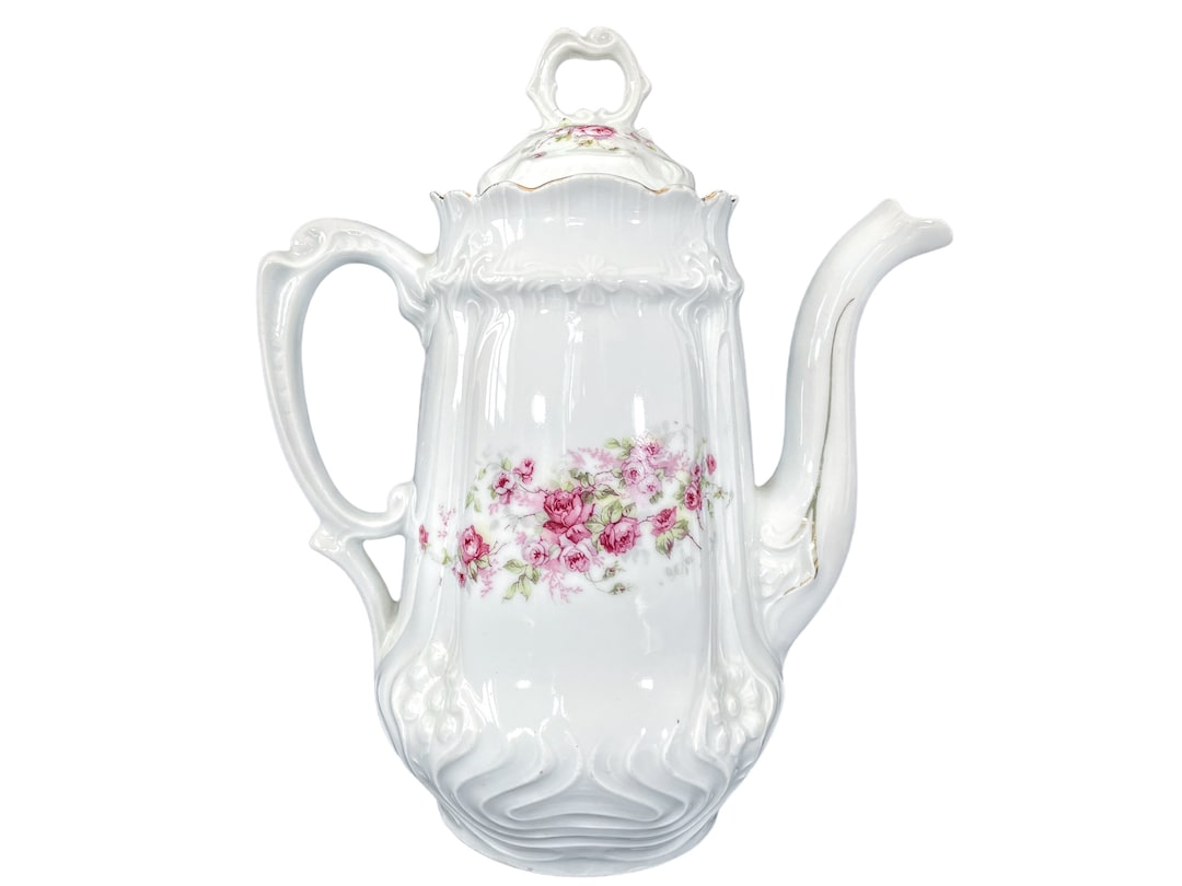 Vintage French Tea Pot Porcelain Ceramic White Gold Green Red Flowers ...