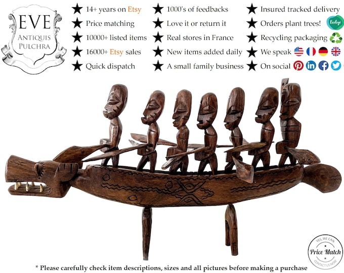 Vintage African Dragon Boat Canoe Wooden Ornament Seven Man Decor ...