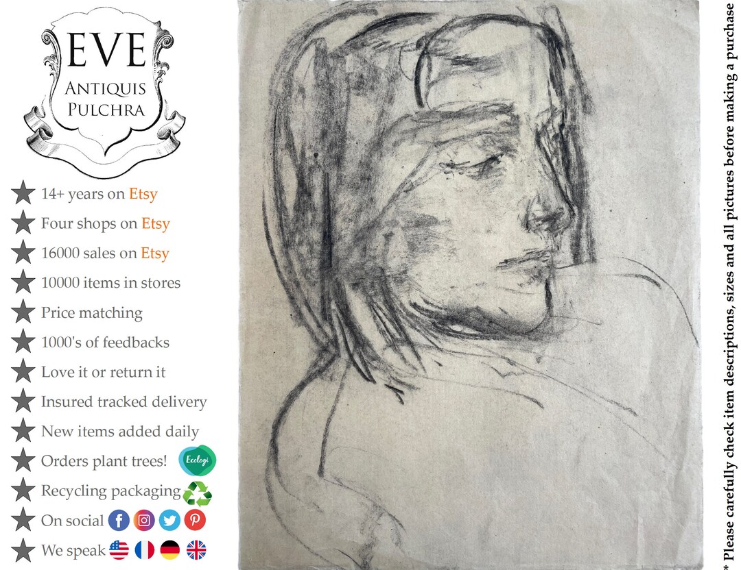 Vintage French Pencil Drawing Sketch Study Crocky Portrait on Paper ...