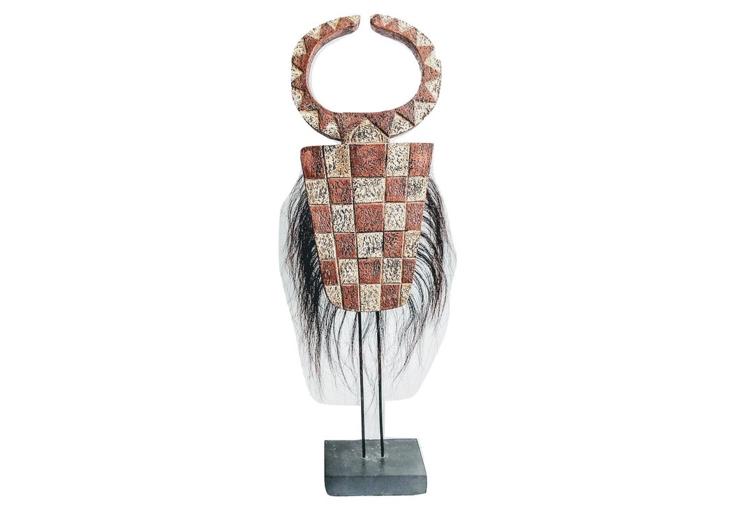 Vintage African Mask Face Decor With Cow Tail Trim Primitive Carving ...