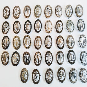 Antique SINGLE French Ornate Silver Metal Initial Letter Monogram Uniform Clothing Badge Medal ...