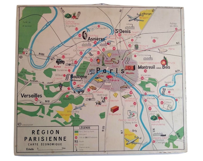 Vintage French Paris Economic Region Parisienne Carte Economique School ...