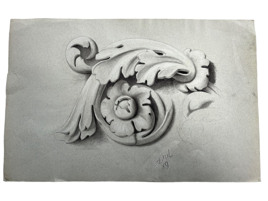 Vintage French Pencil Drawing Plaster Work Corniche Architecture Study ...