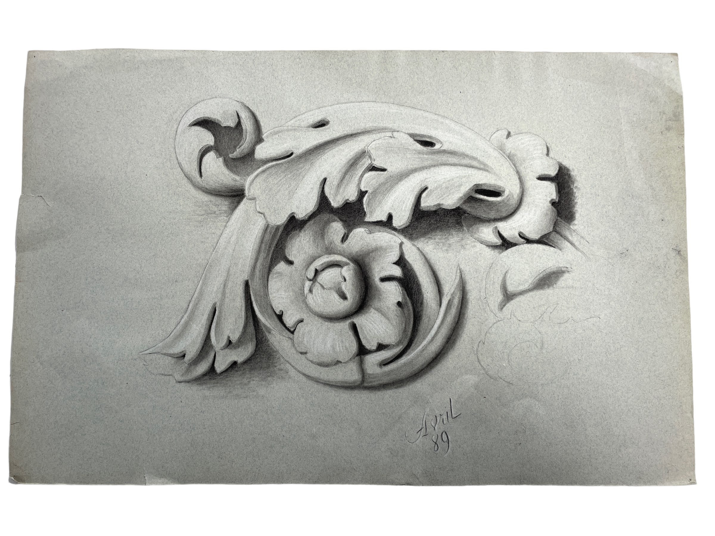 Vintage French Pencil Drawing Plaster Work Corniche Architecture Study ...