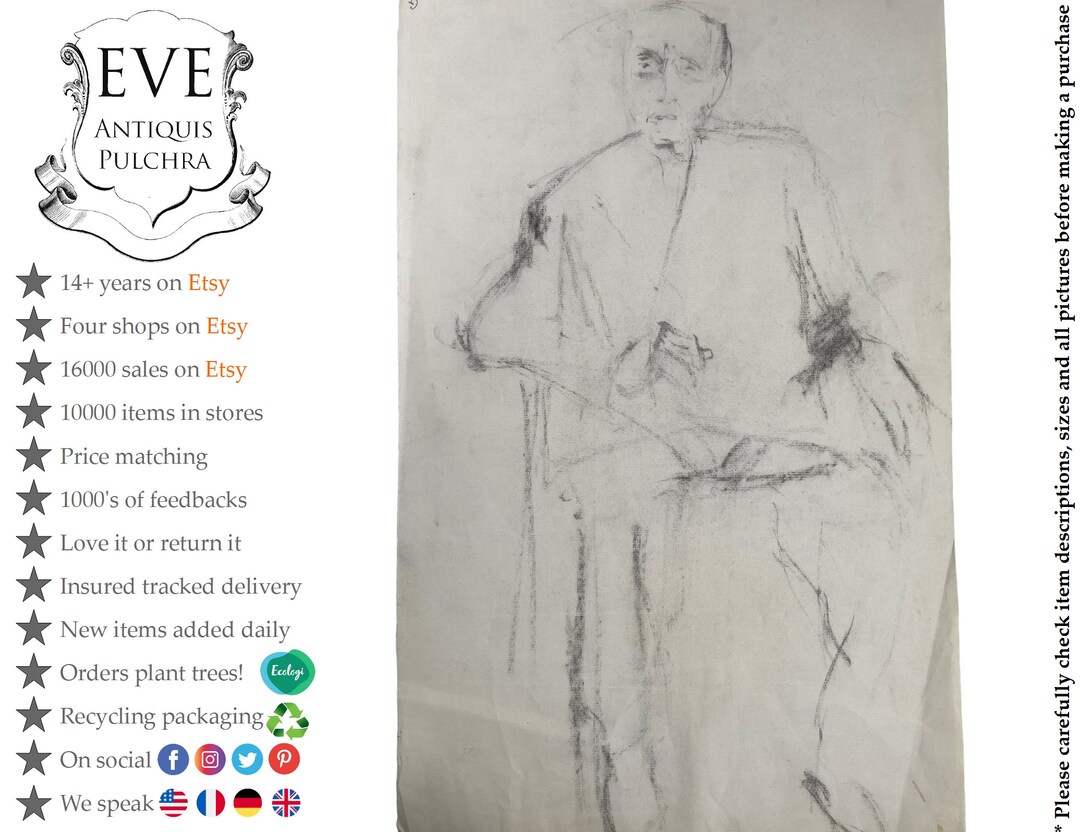 Vintage French Pencil Drawing Sketch Study Crocky Portrait on Paper ...