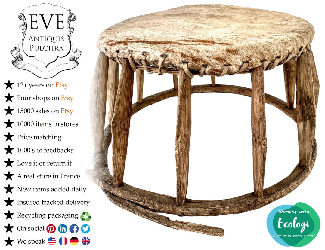 Vintage Thai Stool Stand Worn Goat Skin Wooden Hand Formed - Etsy