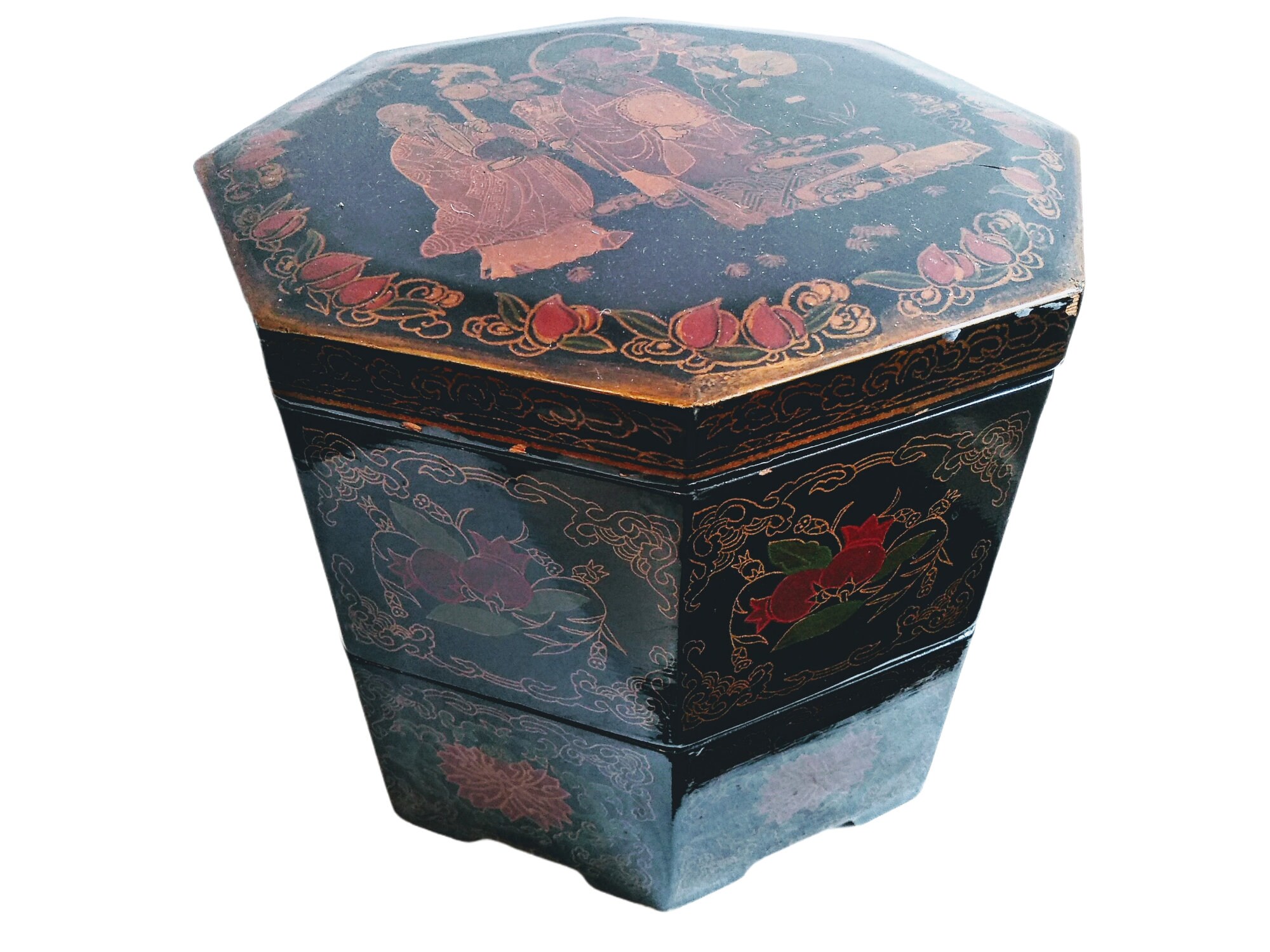 Vintage Asian Chinese Lacquer Octagonal Two Layer Large Storage Box ...