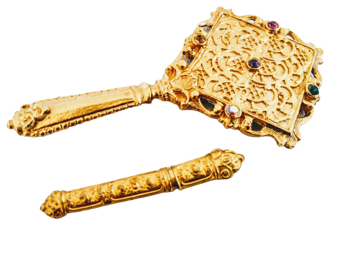 Vintage Small Antique Gold Metal Hand Mirror Reproduction Ornate ...