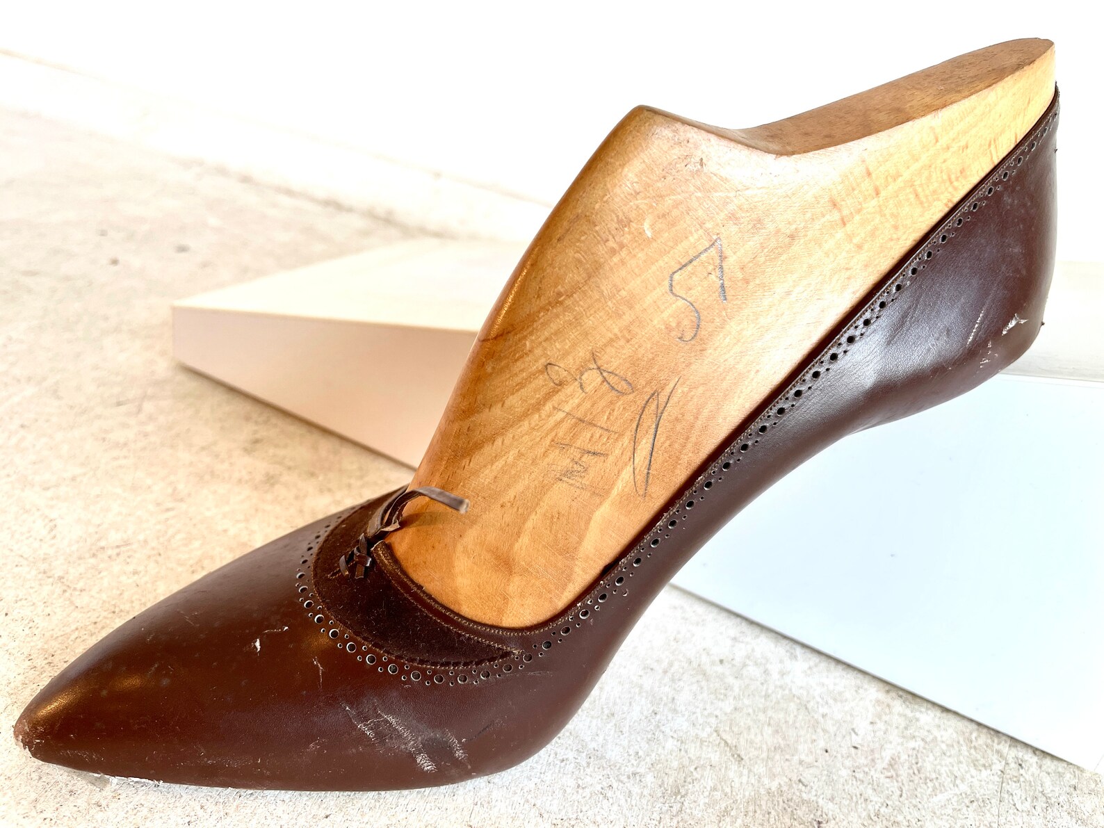 Vintage French Italian Prototype Designer Shoe on Wooden Form Wood ...