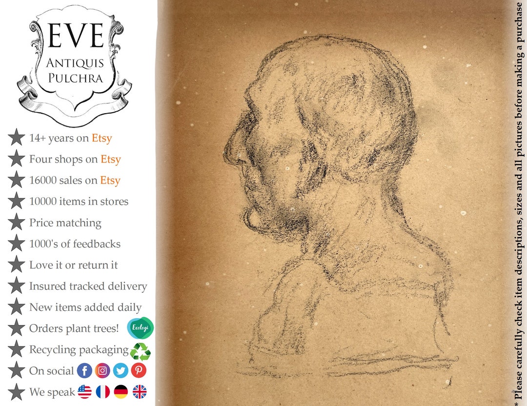 Vintage French Pencil Drawing Sketch Study Crocky Portrait on Paper ...