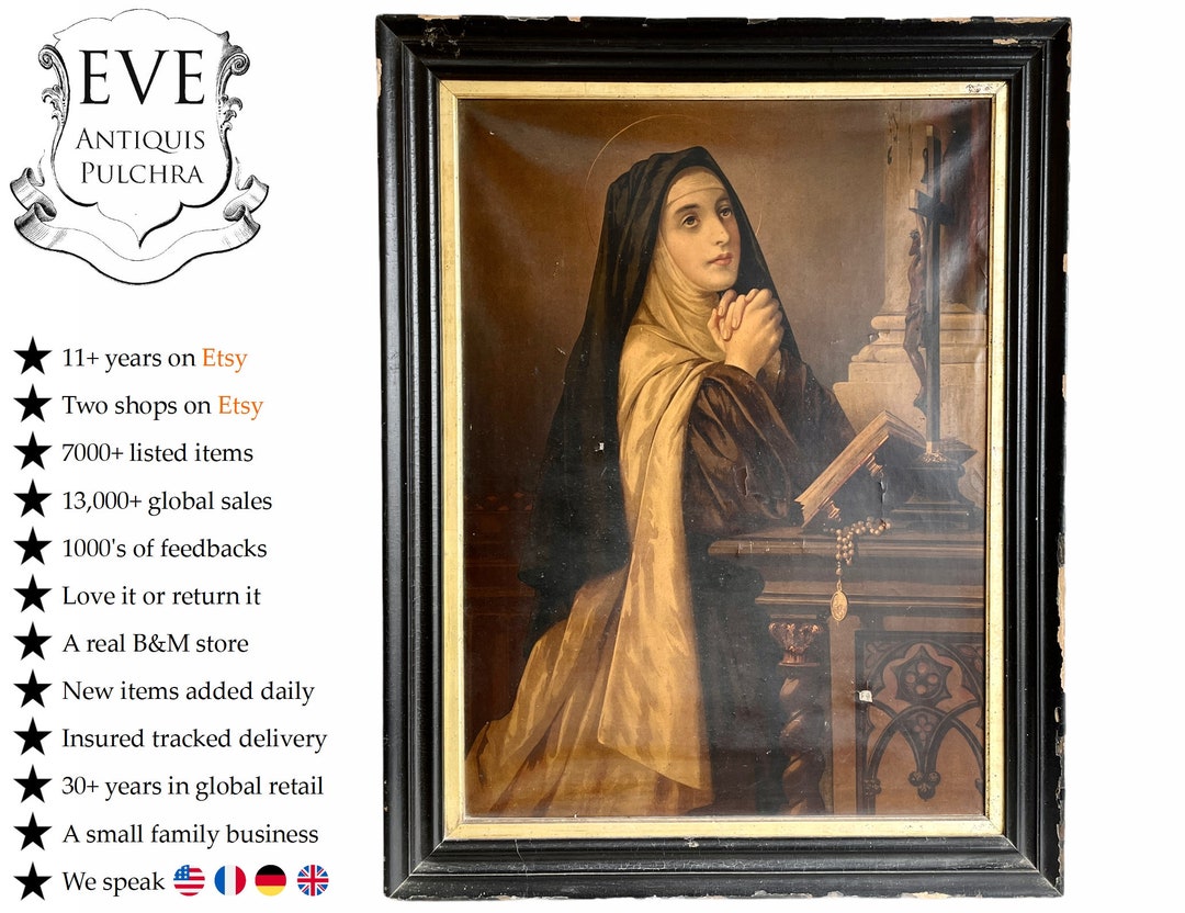Antique French Large Framed Praying Nun Religious Church Chapel ...