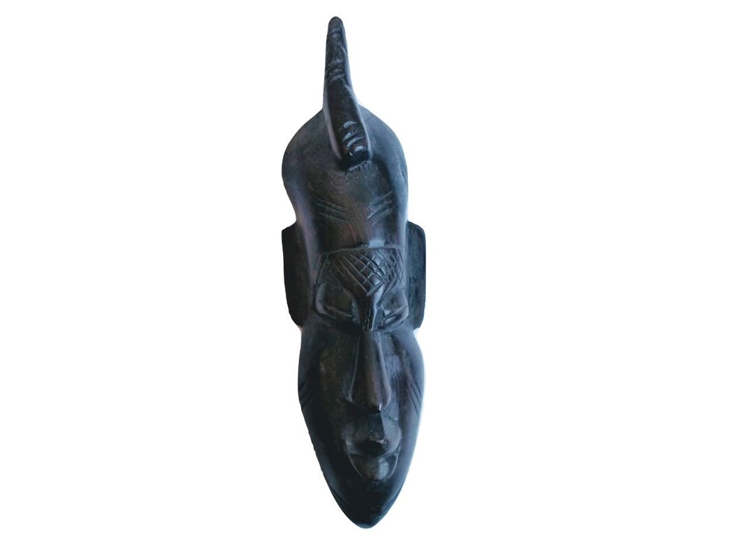 Vintage African Tribal Art Horned Mask Bust Wooden Wood Statue Figurine ...