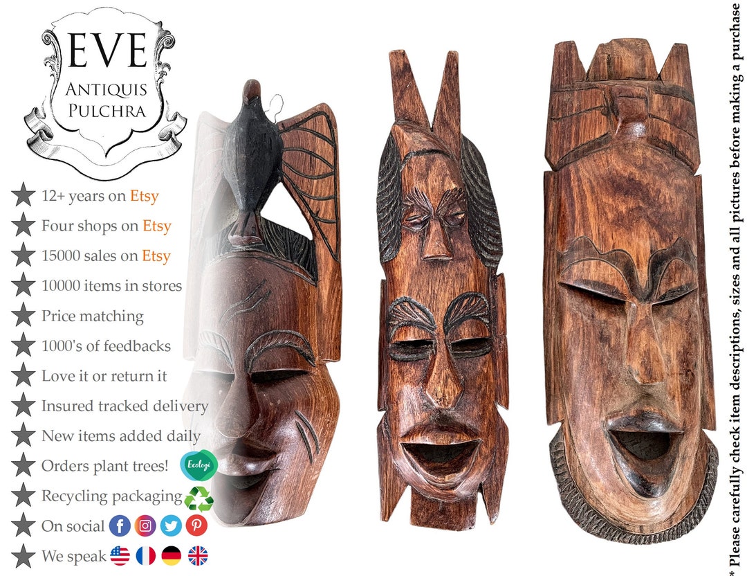 Vintage African Job Lot Collection Pieces Wooden Wood Mask Ornament ...