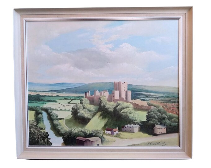 Vintage English Ludlow Castle Village Acrylic Painting on Hardboard ...