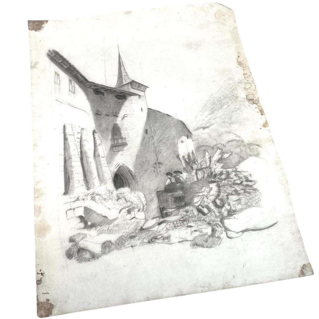 Antique French Pencil Charcoal Drawing Sketch Study Church Castle City ...