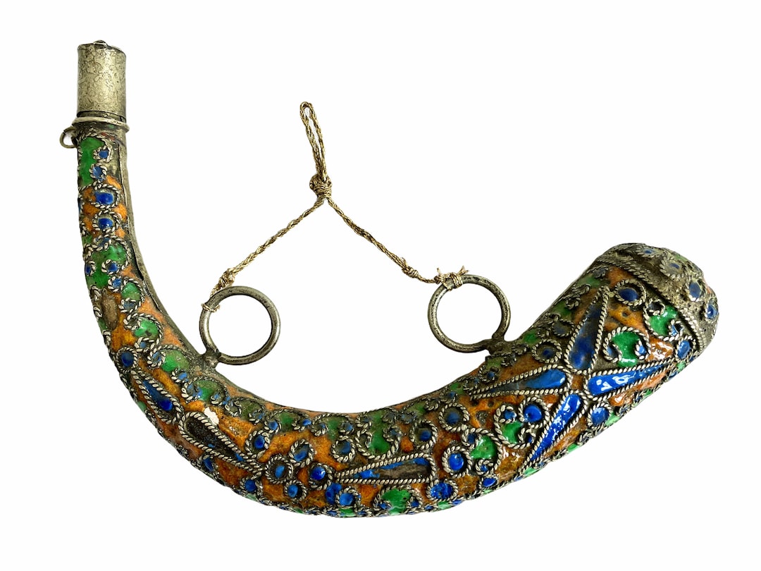 Antiquité berbère marocaine fiole carafe bouteille émail métal ...