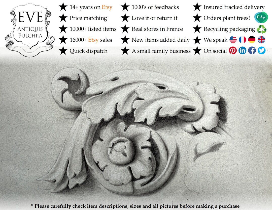 Vintage French Pencil Drawing Plaster Work Corniche Architecture Study ...