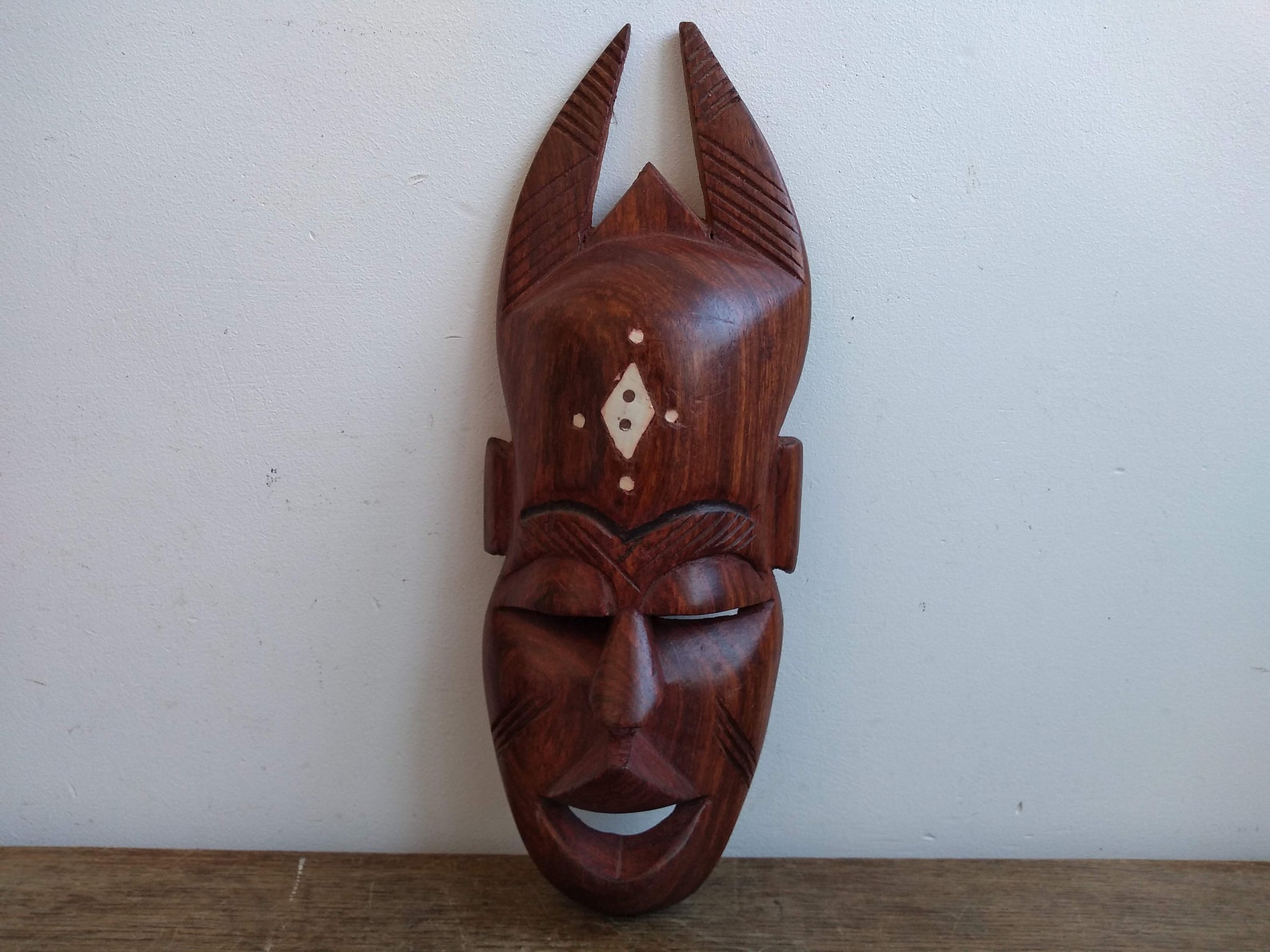 Vintage African Tribal Art Horned Mask Bust Wooden Statue Figurine ...