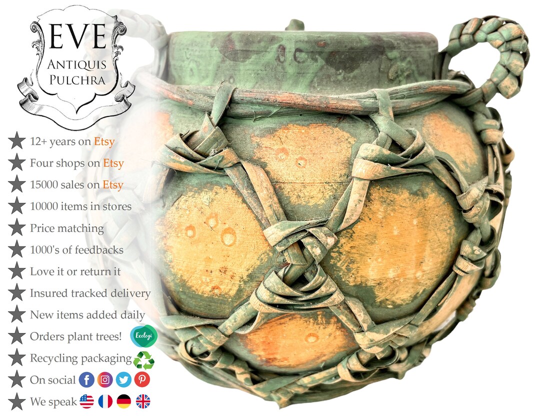 Vintage Filipino Clay Pot With Wooden Knotted Details Green Washed ...