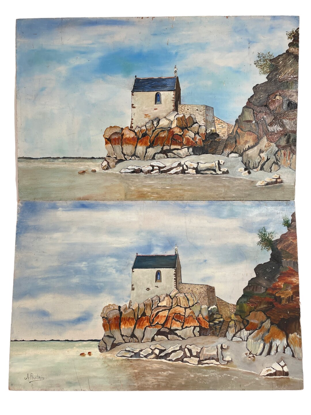 Vintage French Chapel Church by the Sea Painting Acrylic Trees Seaside ...