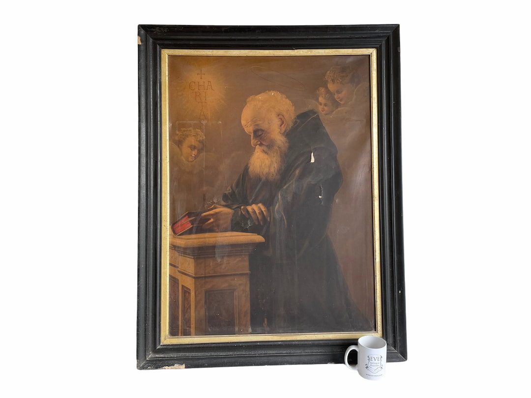 Antique French Large Framed Praying Monk Religious Church Chapel ...